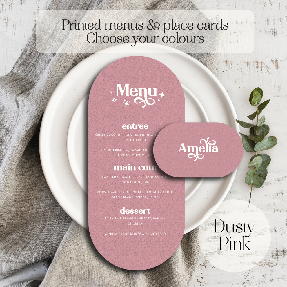 Stardust menu and place card set – Glitzy Prints