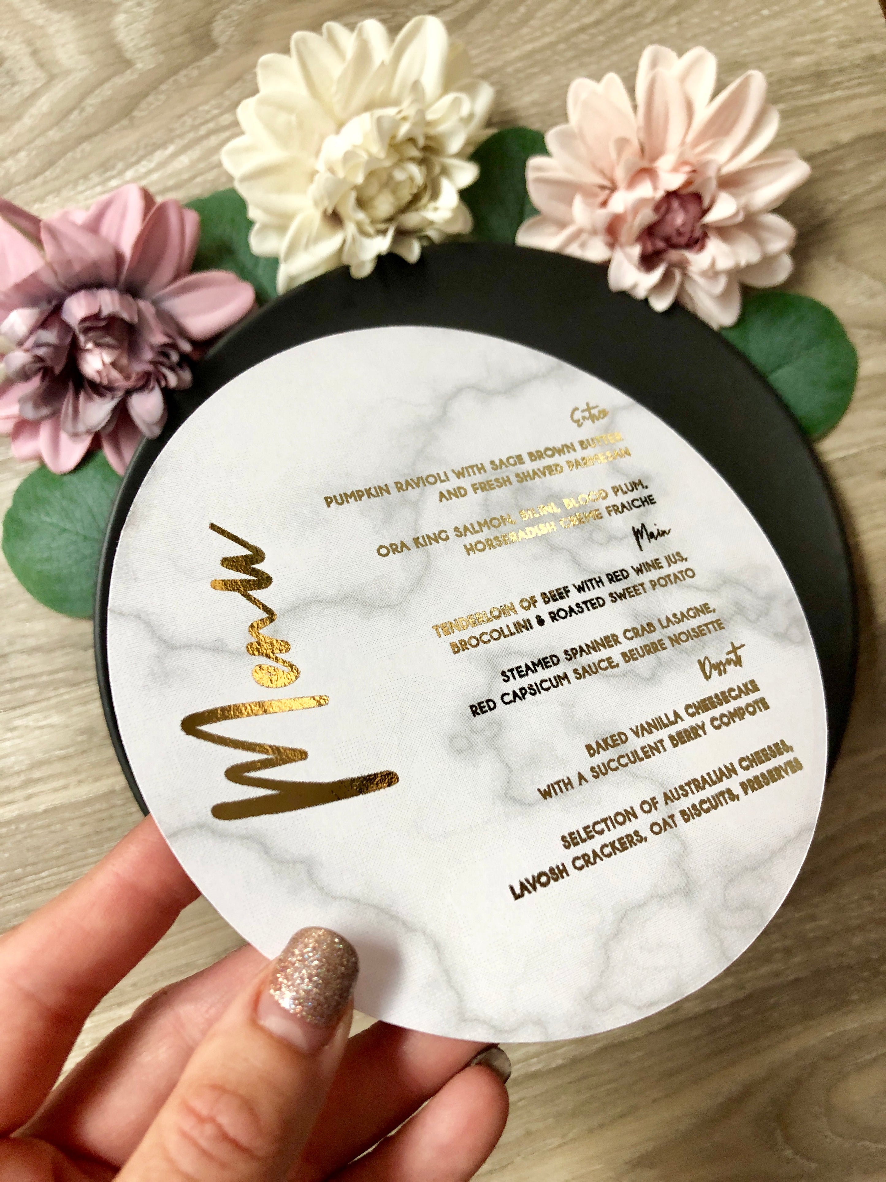 Gold, Rose Gold or Silver Foil Round Circle Marble Menu – Glitzy Prints