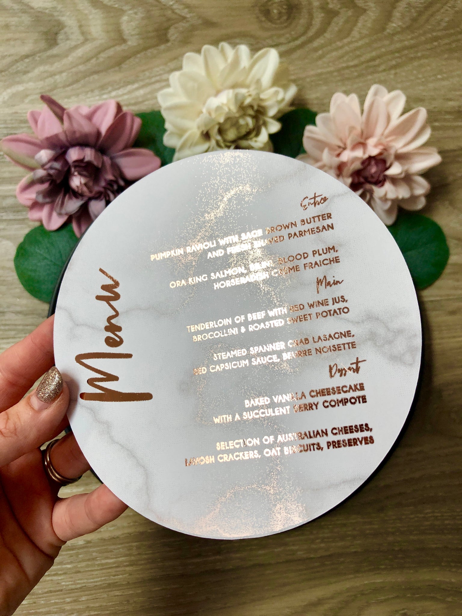 Gold, Rose Gold or Silver Foil Round Circle Marble Menu – Glitzy Prints