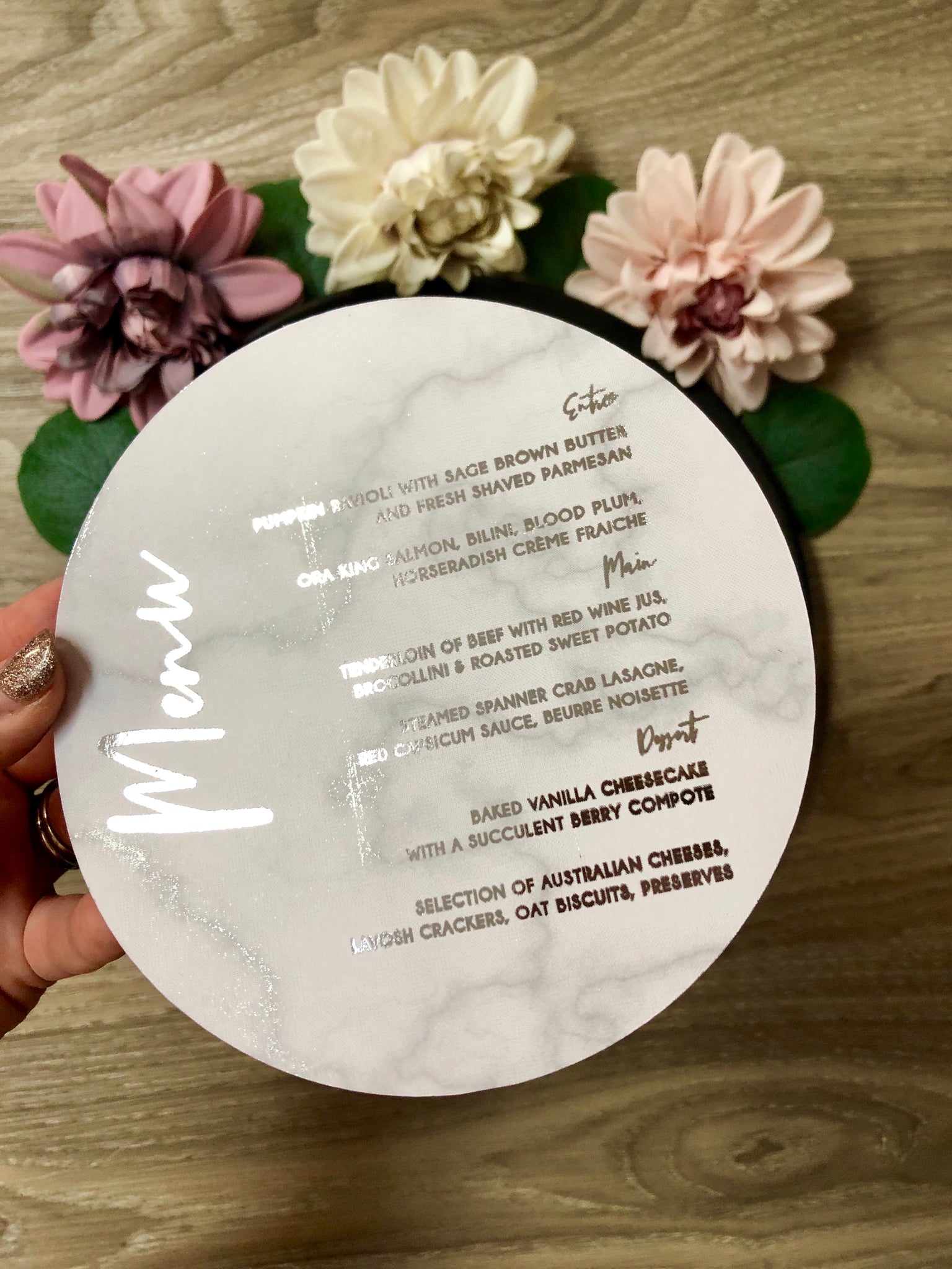 Gold, Rose Gold or Silver Foil Round Circle Marble Menu – Glitzy Prints